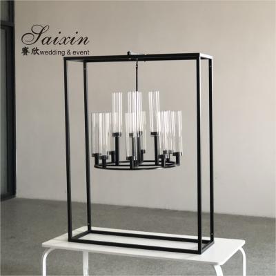 China Saixin custom  black metal frame with hanging chandelier candle holder for wedding tables centerpiece for sale