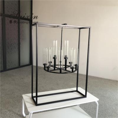 China Saixin custom  black metal frame with hanging chandelier candle holder for wedding tables centerpiece for sale