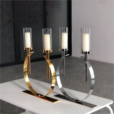 China Factory new design  wedding decor gold silver circle metal 2 arms candle holders for sale
