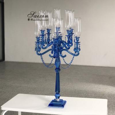 China ZT-101B 9 arms blue colors crystal glass candelabra wedding table decoration for sale