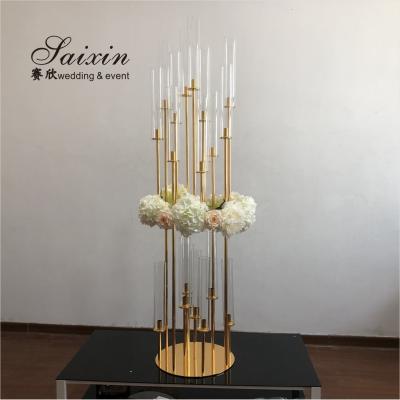 China Antique Double 20 Holder Metal And Crystal Candelabra Glass Tube Tall Candlestick for sale