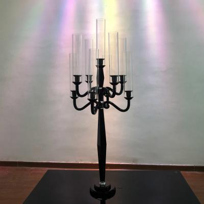 China 9 Arm Crystal Candelabra Black Candle Stand Wedding Table Centerpieces for sale