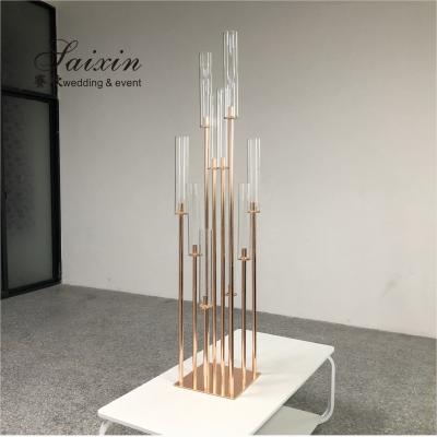 China Glass Tube Rose Gold Metal Floor Candelabra Pillar Candlesticks Tall  175cm for sale