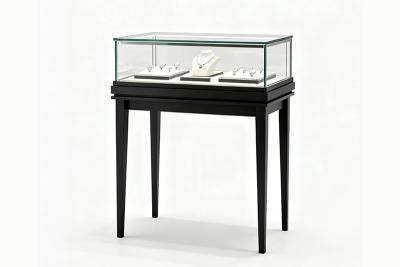 China Modern Matte Black Jewelry Display Cabinet with 360° Clear Glass and LED Illumination for Luxury Boutiques for sale