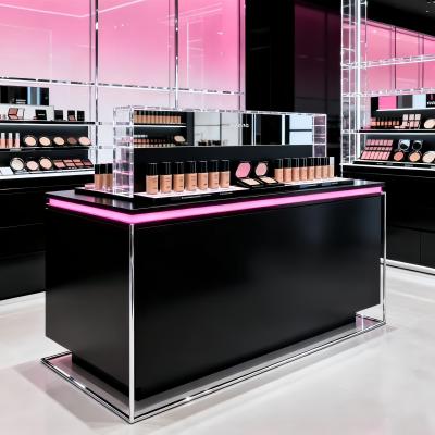 China Pink LED Illuminated Wooden Cosmetic Display Shelf  Custom Beauty Shop Showcase, Skincare Wall Cabinet for sale