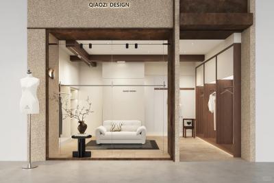 China Dark Walnut Wabi Women Clothing Store Interior Design | Minimal Neutral Ladies Wear Full Shop Layout for sale