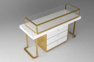 China Modern Marble Top Jewelry Display Table with Gold Frame Glass Showcase and White Leather Liner for sale