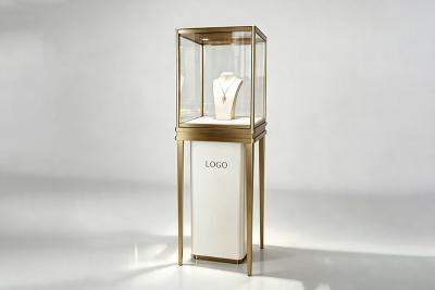 China Freestanding Square Jewelry Display Cabinet with Four-sided Transparent Glass, Built-in Top LED Lighting, and Custom Brand Logo Printing for sale