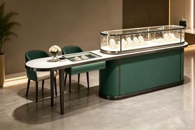 China Luxury Jewelry Showcase with Curved Tempered-Glass Display and Dark-Green Leather Wrapped Base Featuring Integrated Consultation Table for sale