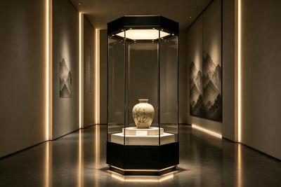 China Octagon Shape Museum Display Showcase with Anti-Reflective UV-Blocking Glass for Artifacts for sale