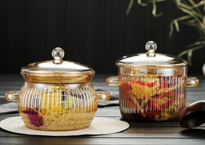 Cina vetro trasparente del modello della zucca 2L che cucina i vasi con il coperchio e le maniglie doppie in vendita