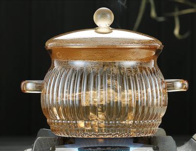 Cina vetro trasparente del modello della zucca 2L che cucina i vasi con il coperchio e le maniglie doppie in vendita