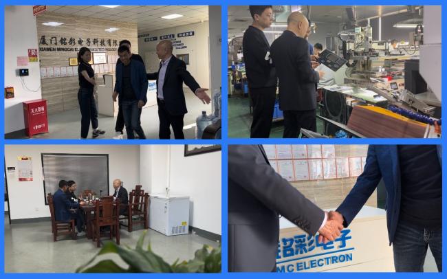 Xiamen Mingcai Electronics customer visit: factory tour, business discussion and cooperation handshake for custom membrane switch manufacturing