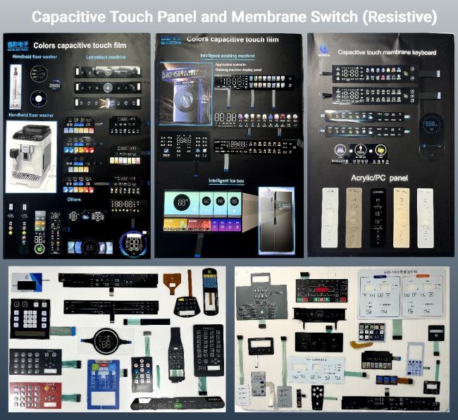Xiamen Mingcai capacitive touch panels and resistive membrane switch samples, including color touch films, acrylic/PC control panels and application cases for home appliances, smart devices and consumer electronics
