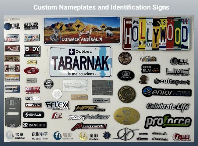 Xiamen Mingcai custom nameplates and identification signs, including brand logo plates, metal badges, decorative signs and equipment tags, with various printing, embossing and plating processes for branding, product labeling and decorative applications