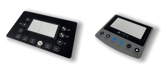 Xiamen Mingcai custom membrane switch control panels for fitness equipment, featuring durable PET/PC construction, display windows, and tactile buttons for treadmill and gym machine interfaces