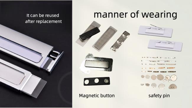 Custom name badge spare back accessories, optional magnetic button and metal safety pin fittings