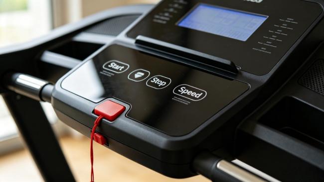 Close-up of custom black glossy acrylic treadmill control panel with English printed Start, Stop, Speed buttons showing fitness running machine touch overlay application effect