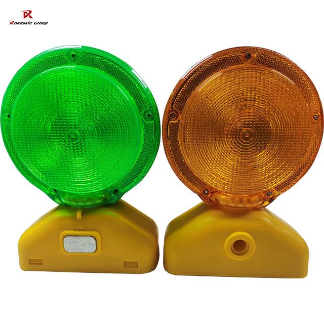 Solar LED traffic warning light close-up view
