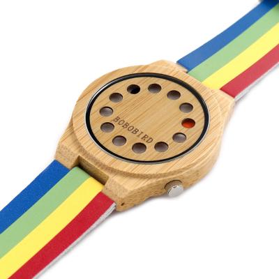 China Genuine leather band with wood case colorful design wrist watch your logo free custom for sale