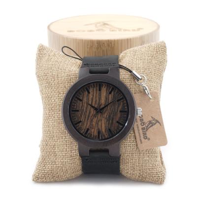 China Gift wooden watch black band wristwatch with paper box shipping fast for sale