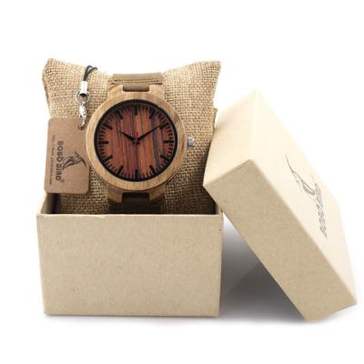 China Red wood case wrist watch fashion men clock genuine leather bands for sale