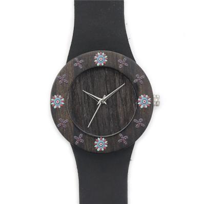 China Women black wood case with flower printed leather band watch for sale