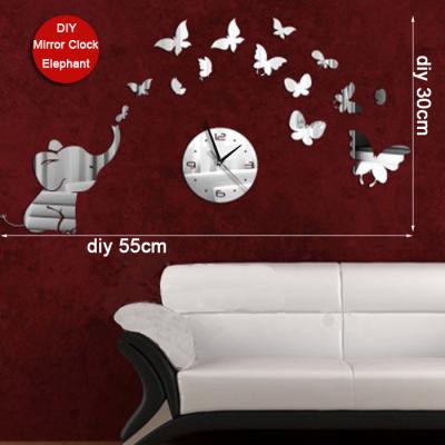 China Elephant Butterfly Decorative DIY Mirror Wall Clocks Unique Design for sale