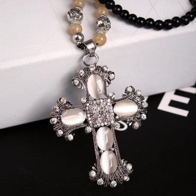 China Factory jewelry Direct Sale  popular new black bead opal cross necklace with long chain for sale