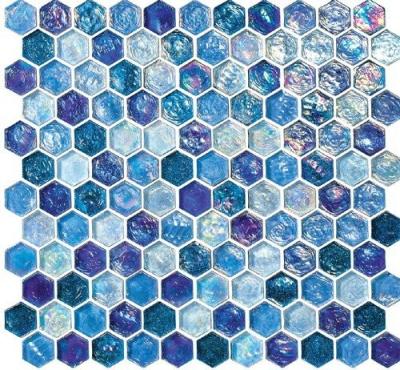 China Hexagon blue water waving glass mosaic tile for bathroom decoration for sale