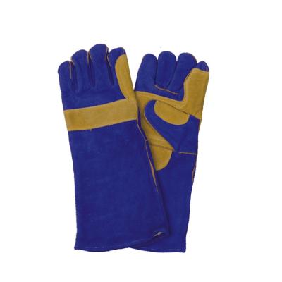 China Warmtebestendige blauwe koe gespleten leer werkhandschoenen 35 cm karton maat 75*37*24 cm Te koop