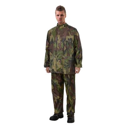 China Adjustable RAINWEAR Camouflage Rain Suit with Rubberized Hood and Elastic Waist Pants for sale