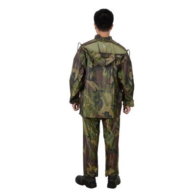 China Adjustable RAINWEAR Camouflage Rain Suit with Rubberized Hood and Elastic Waist Pants for sale
