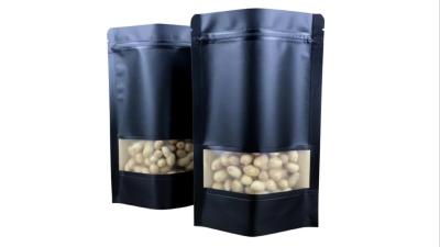 China High Quality Low MOQ Black Kraft Paper Flat Bottom Pouch With Window Ziplock For Snack Nuts Food Packaging for sale
