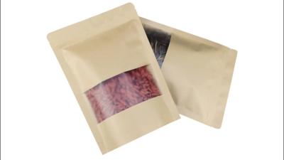 China Reusable Kraft Paper With Window Stand Up Pouch With Zipper Cookie Biscuits Candy Nuts Ziplock Bag Snack Food Packaging Bag for sale
