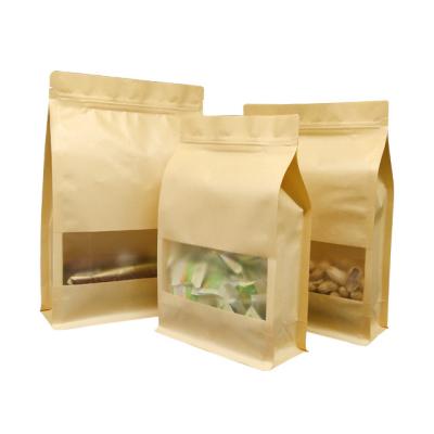 China Custom Food Grade Matt Square Bottom Pouch With Ziplock Window For Snack Food Packing Kraft Paper Bag for sale