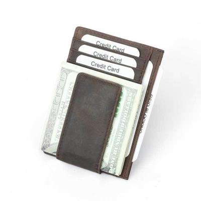 China GENUINE LEATHER Vintage Cow Slim Front Pocket Rfid Blocking Card Holder Wallet Men Strong Magnet Leather Money Clip for sale