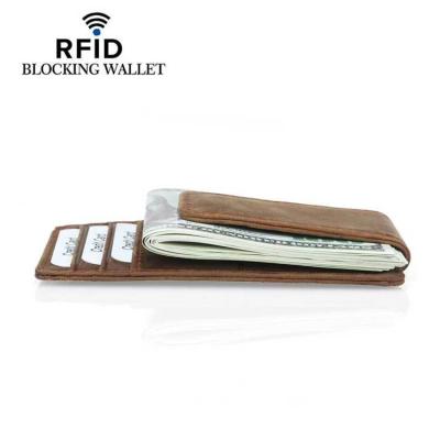 China GENUINE LEATHER Vintage Cow Slim Front Pocket Rfid Blocking Card Holder Wallet Men Strong Magnet Leather Money Clip for sale