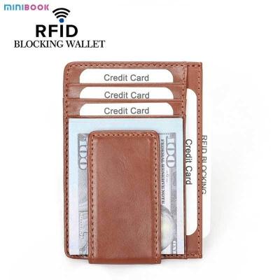 China GENUINE LEATHER Vintage Cow Slim Front Pocket Rfid Blocking Card Holder Wallet Men Strong Magnet Leather Money Clip for sale