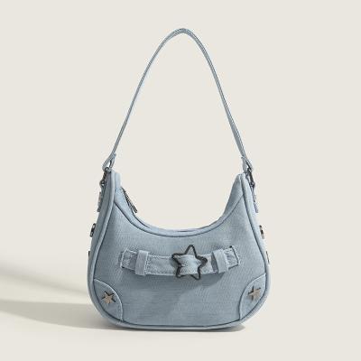 China Polyester Lining Material Trending Denim Jean Rivets Tote Bag Customized for Women for sale