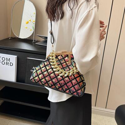 Cina La vita quotidiana delle donne luccicante Sequin Click Evening Clutch Borsa con catena di logo personalizzato in vendita