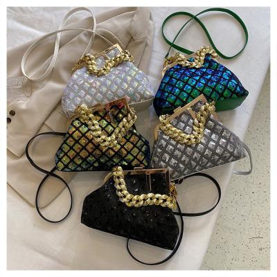Cina La vita quotidiana delle donne luccicante Sequin Click Evening Clutch Borsa con catena di logo personalizzato in vendita