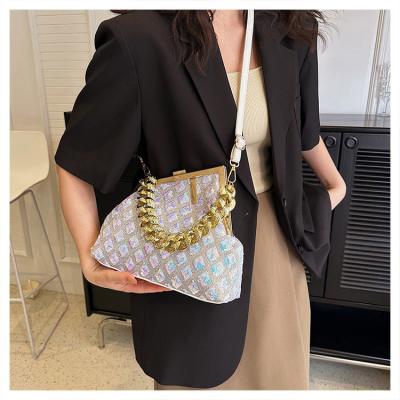 Cina La vita quotidiana delle donne luccicante Sequin Click Evening Clutch Borsa con catena di logo personalizzato in vendita