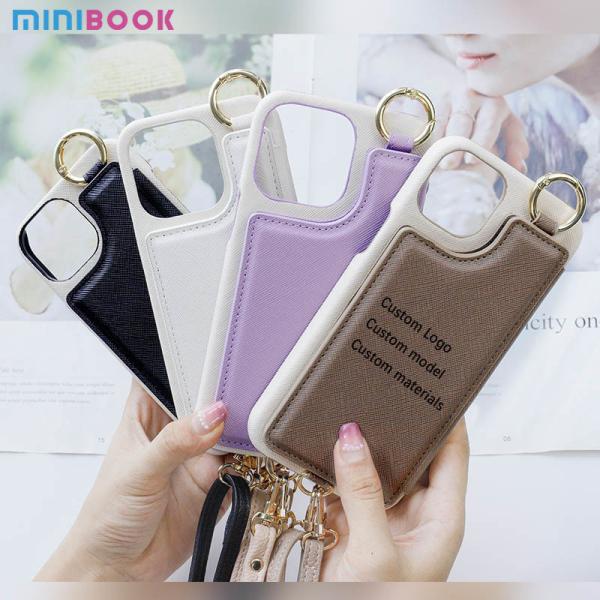 Quality Minibook Custom Saffiano Phone Case Mirror Wrist Strap and Card Holder for for sale