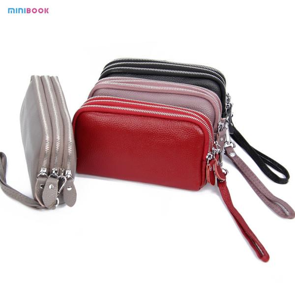 Quality Long Wallet Minibook Ladies Three-Layer Leather Mobile Phone Bag with Zipper Hasp Closure for sale