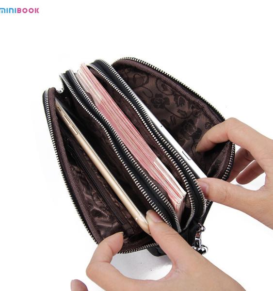 Quality Long Wallet Minibook Ladies Three-Layer Leather Mobile Phone Bag with Zipper for sale