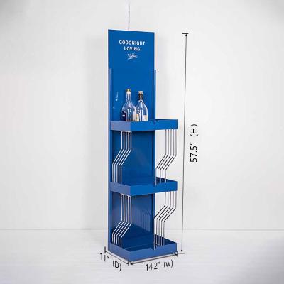 中国 Metal iron steel wine liquor whisky bottle 3 layers blue retail floorstanding display rack 販売のため