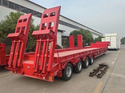 China Custom's Requirement Semi-Trailer Red Lowbed Trailer 3 Axle Low Bed Loader 60 Ton Lowboy for sale