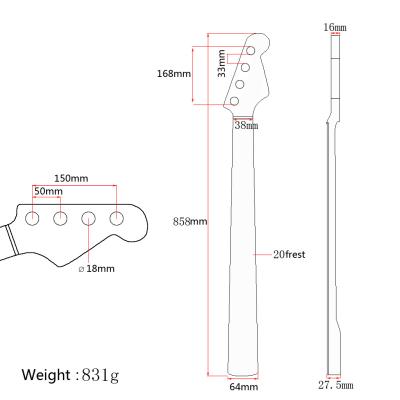 中国 Electric Bass Guitar Neck Gloss Finish 20 Fret Maple Wood Bass Guitar Neck Adjustable Truss Rod 販売のため