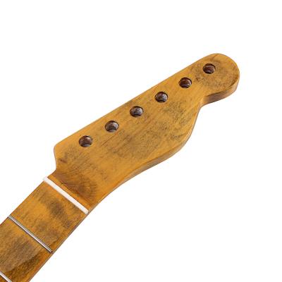 中国 Fender Telecaster Maple Neck Replacement High Gloss Yellow Tiger Flame Maple C Shape Guitar Neck Abalone Dot Markers 販売のため